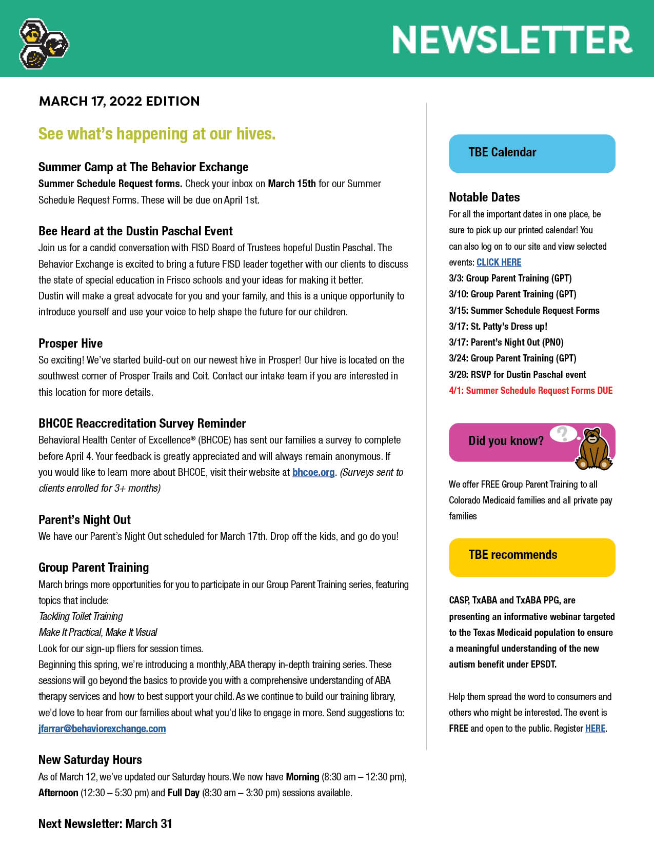 Newsletter - The Behavior Exchange