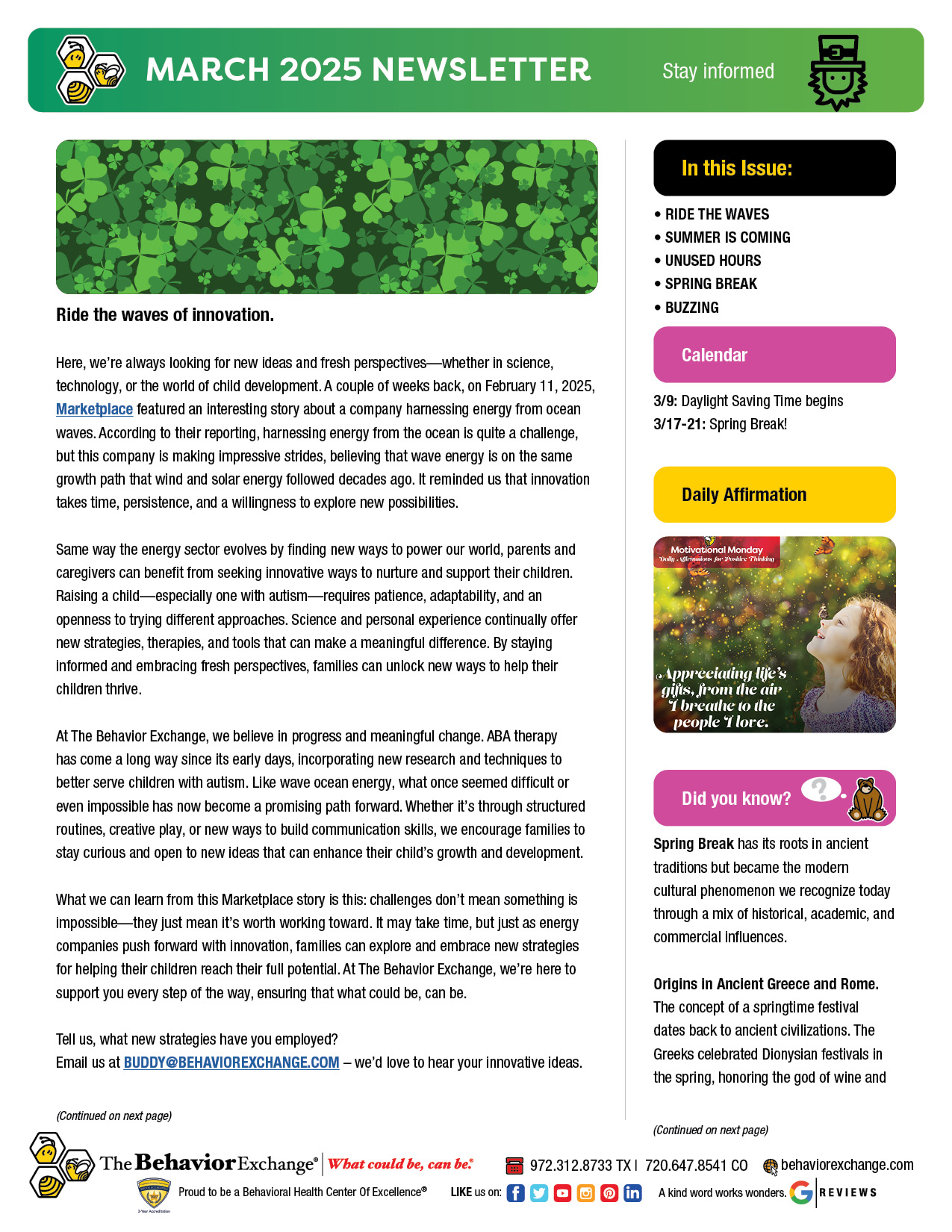 Newsletter - The Behavior Exchange